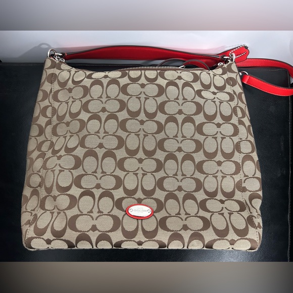 Coach | Bags | Coach Signature Canvas Bag Khaki And Red | Poshmark